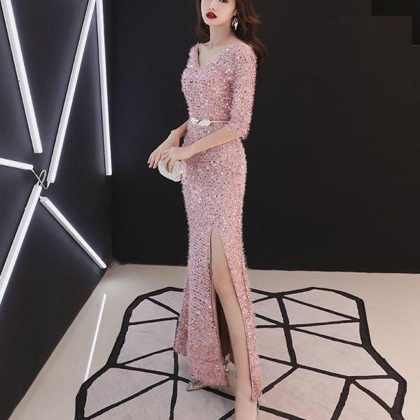 Mermaid Prom Dress,sexy Long Spit Dress, Sequined V-neck Party Dress ...