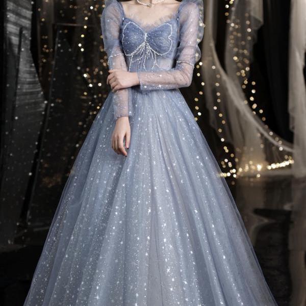 Romantic Evening Dress, Blue Princess Dress, Long Sleeve Party Dress ...