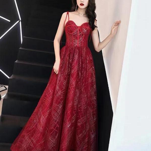 Red Evening Dress, Charming Prom Dress, Spaghetti Strap Party Dress ...