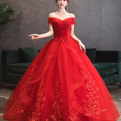 Radiant Red Sequined Ball Gown With Puffed Sleeves on Luulla