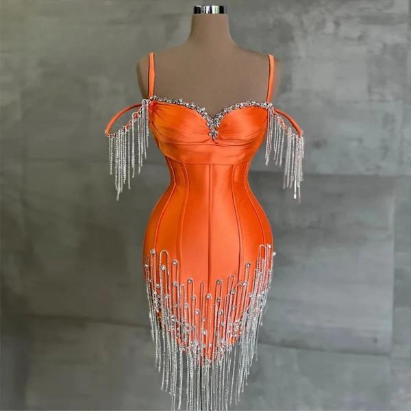 Orange Satin Beaded Fringe Cocktail Party Dress on Luulla