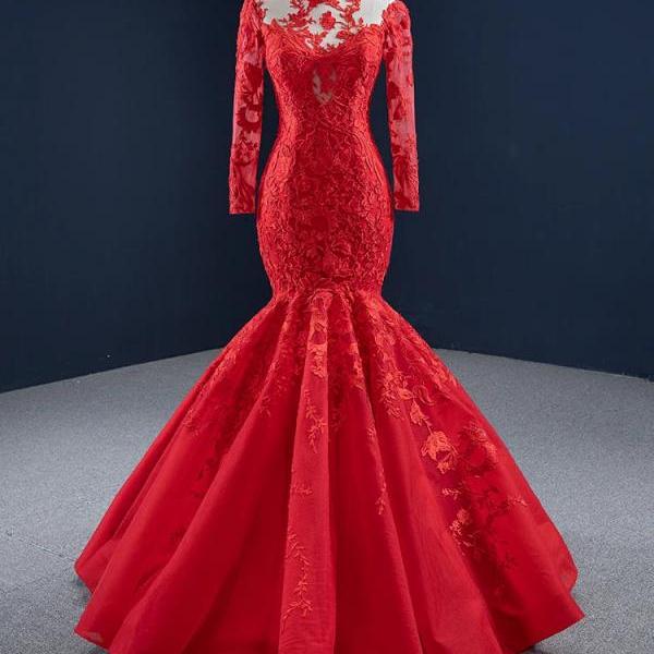 Elegant Red Lace Mermaid Evening Gown on Luulla