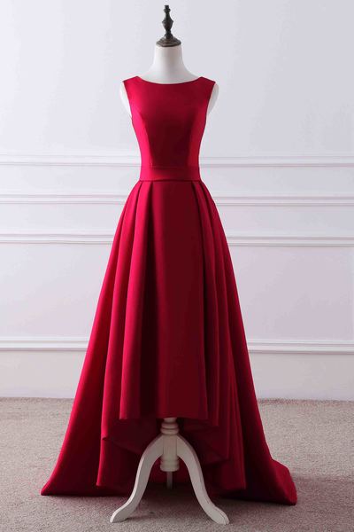 Red Matte Satin Prom Dress,round Neck High Low Train Evening Dress on ...