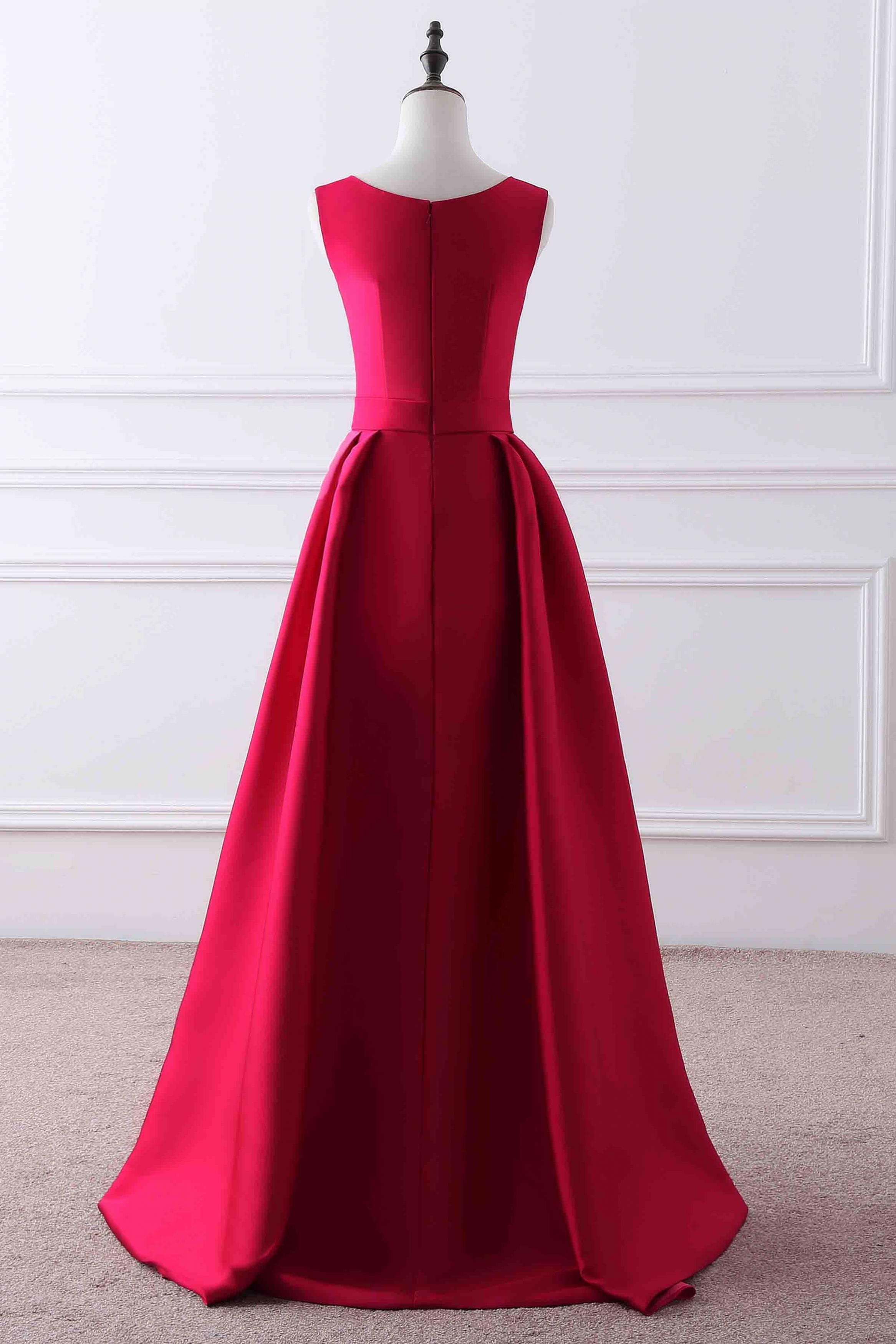 Red Matte Satin Prom Dress,round Neck High Low Train Evening Dress on ...