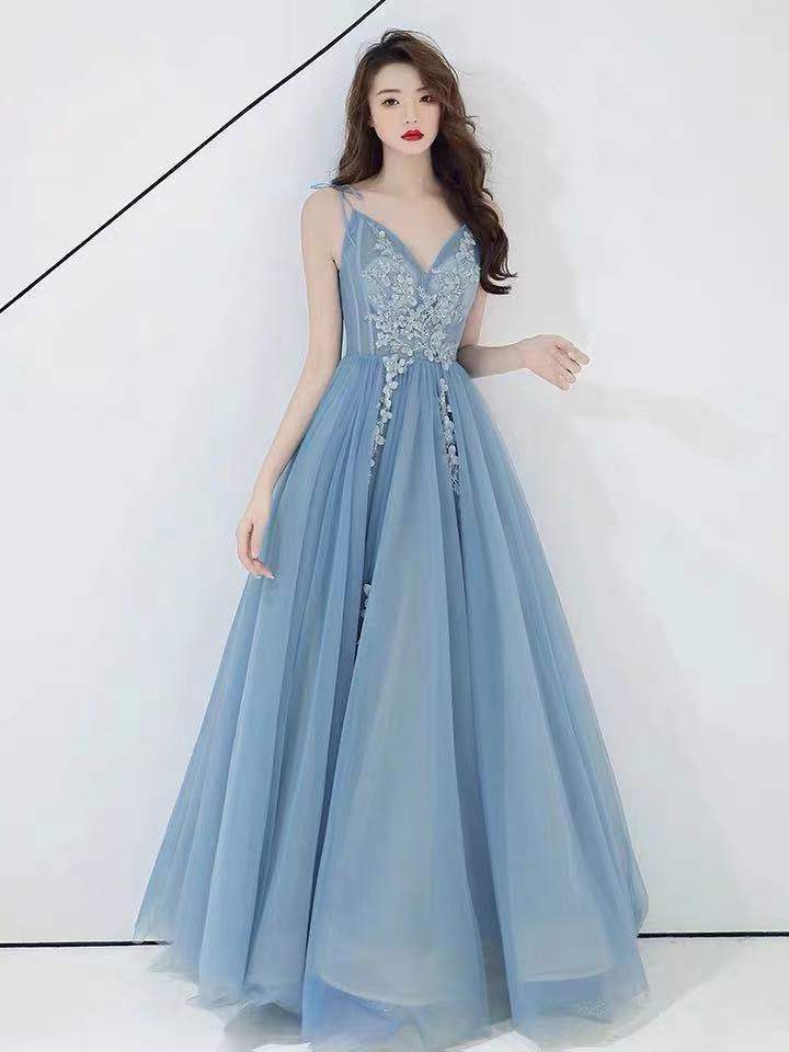 Blue Party Dress V Neck Evening Dress Spaghetti Straps Prom Dress Tulle ...