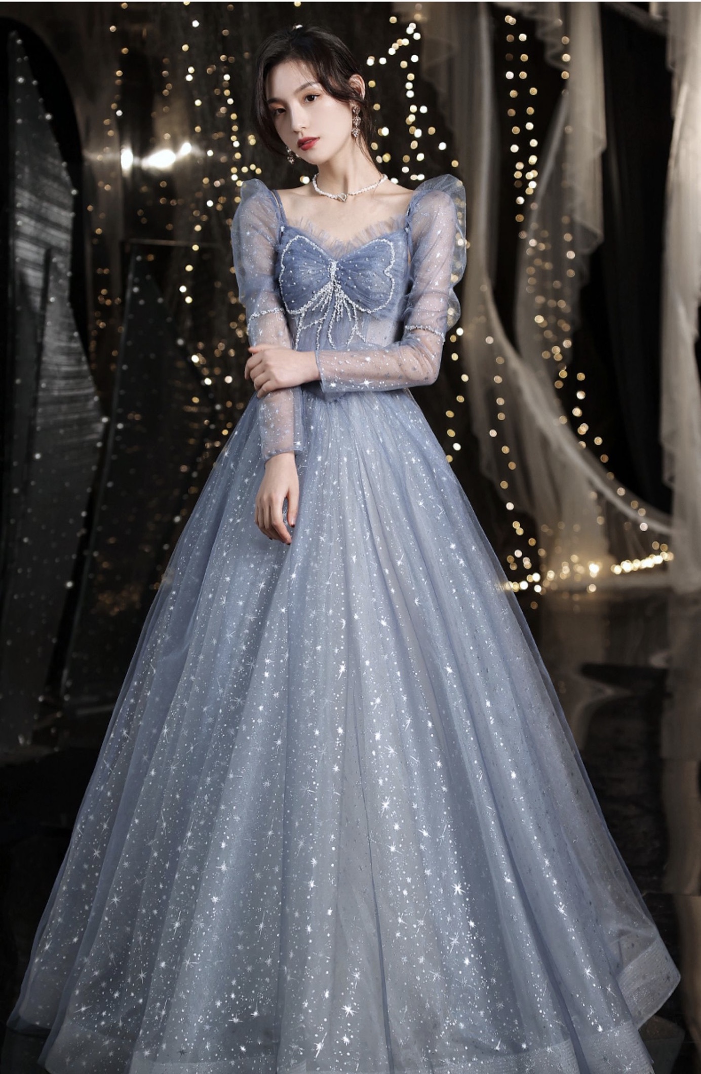 Romantic Evening Dress, Blue Princess Dress, Long Sleeve Party Dress ...