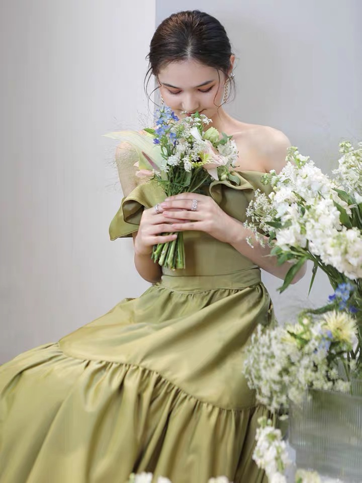 Falbala Collar Prom Dress,green Party Dress,off Shoulder Prom Dress ...