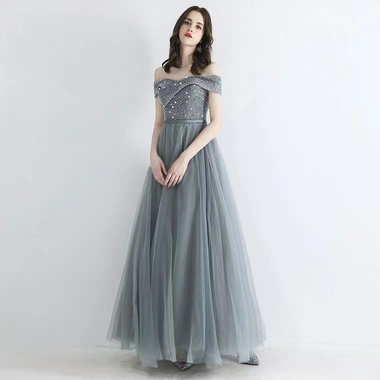 Smog Blue Party Evening Dress, Birthday Party, Dress,beaded Elegant ...