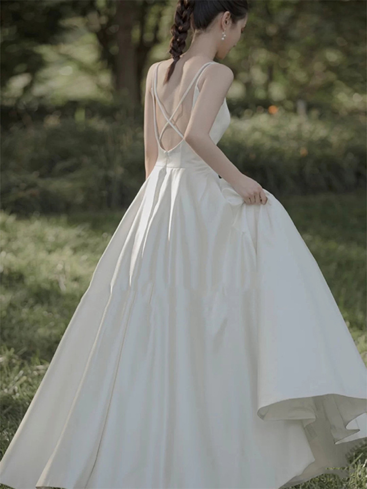 Satin Light Wedding Dress, Backless White Dress, Simple Spaghetti Strap ...