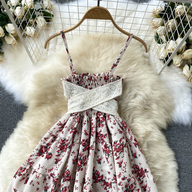 Sweet Floral Dress, Spaghetti Trap Dress With Lace Belt on Luulla