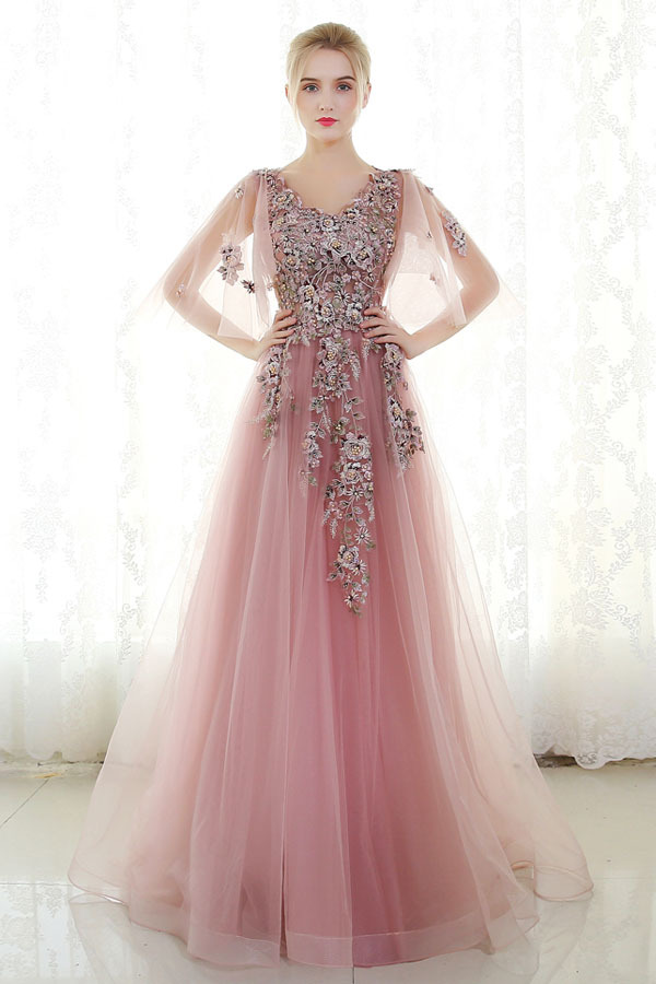 Little Pink Train Prom Dress,v-neck Applique Party Dress, Custom Made ...