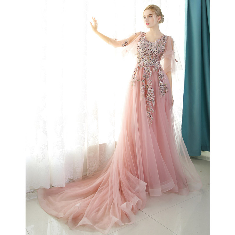 Little Pink Train Prom Dress,v-neck Applique Party Dress, Custom Made ...