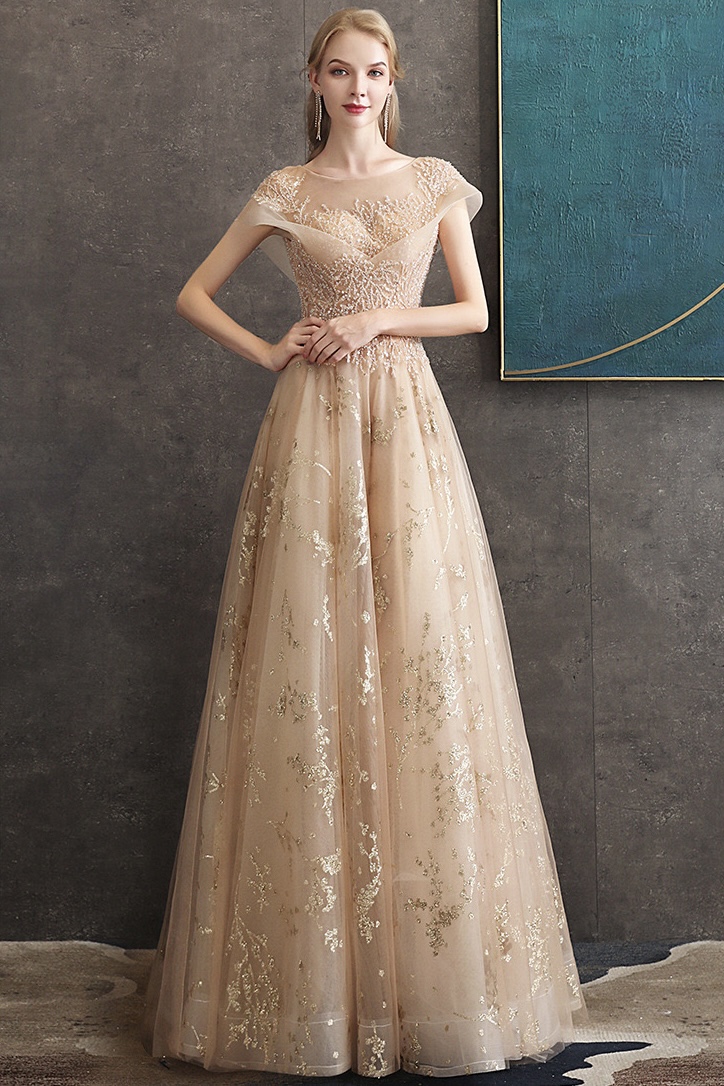 Champagne Gold Prom Dress, Starry Night Prom Gown,o-neck Party Dress ...