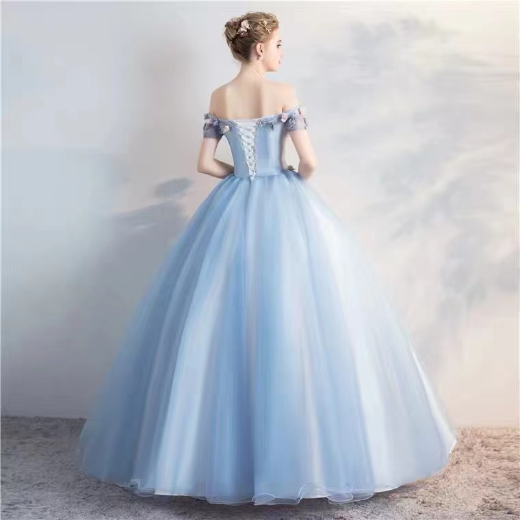 Blue Pompous Dress, Off-the-shoulder Prom Gown With Applique,custom ...