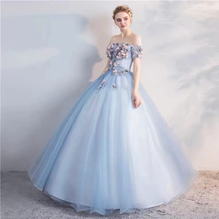 Blue Pompous Dress, Off-the-shoulder Prom Gown With Applique,custom ...