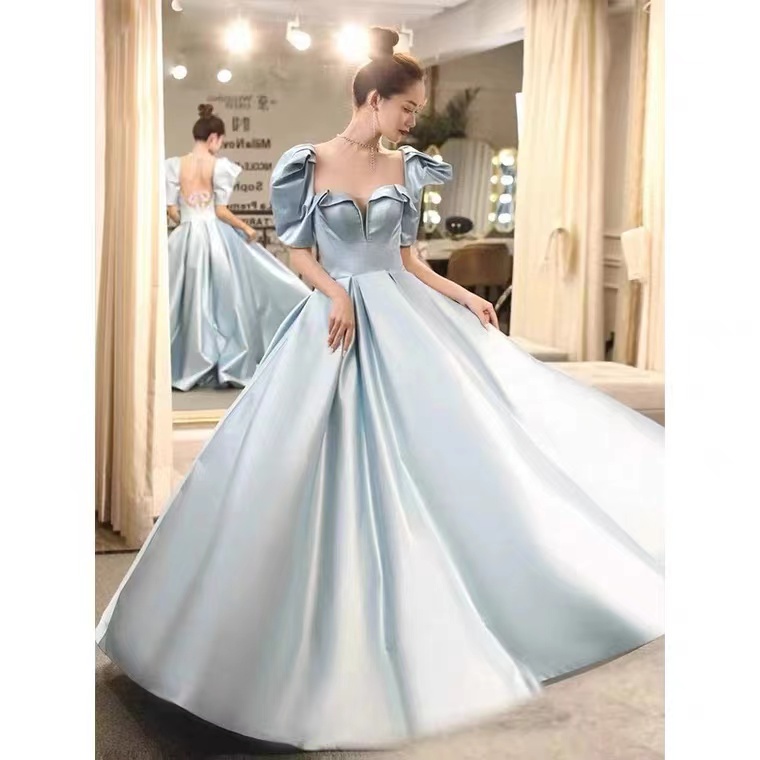 Blue Evening Dress, Temperament Bubble Sleeve Party Dress, Socialite ...