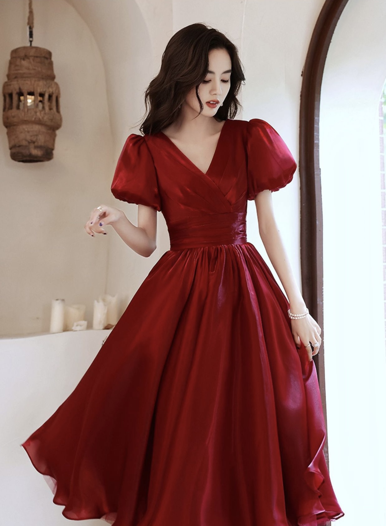 Sweet Red Dress, V-neck Prom Dress ,charming Midi Dress,little Princess ...