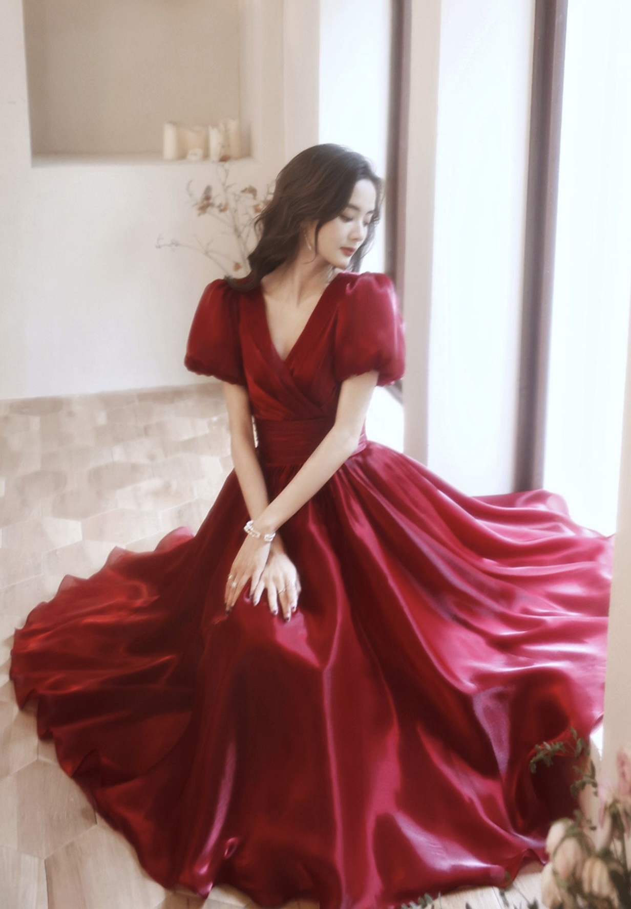 Sweet Red Dress, V-neck Prom Dress ,charming Midi Dress,little Princess ...