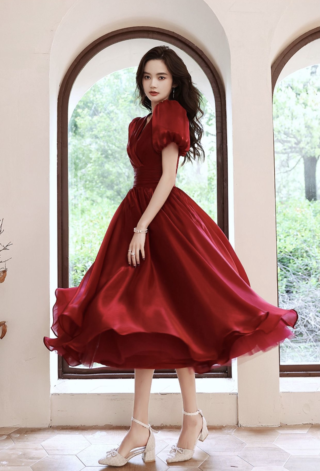Sweet Red Dress, V-neck Prom Dress ,charming Midi Dress,little Princess ...