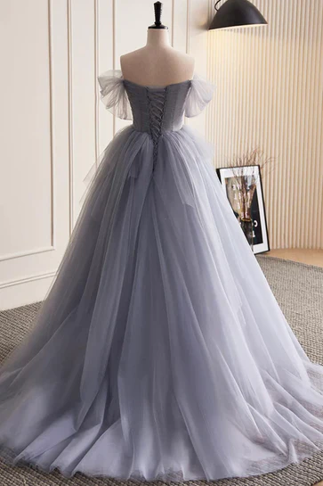 Glam Blue-grey Tulle With Lace Applique Long Party Dress, Tulle Formal ...