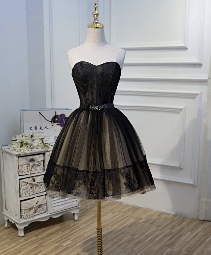 Black Tulle And Champagne Short Party Dress Strapless Evening Dress ...