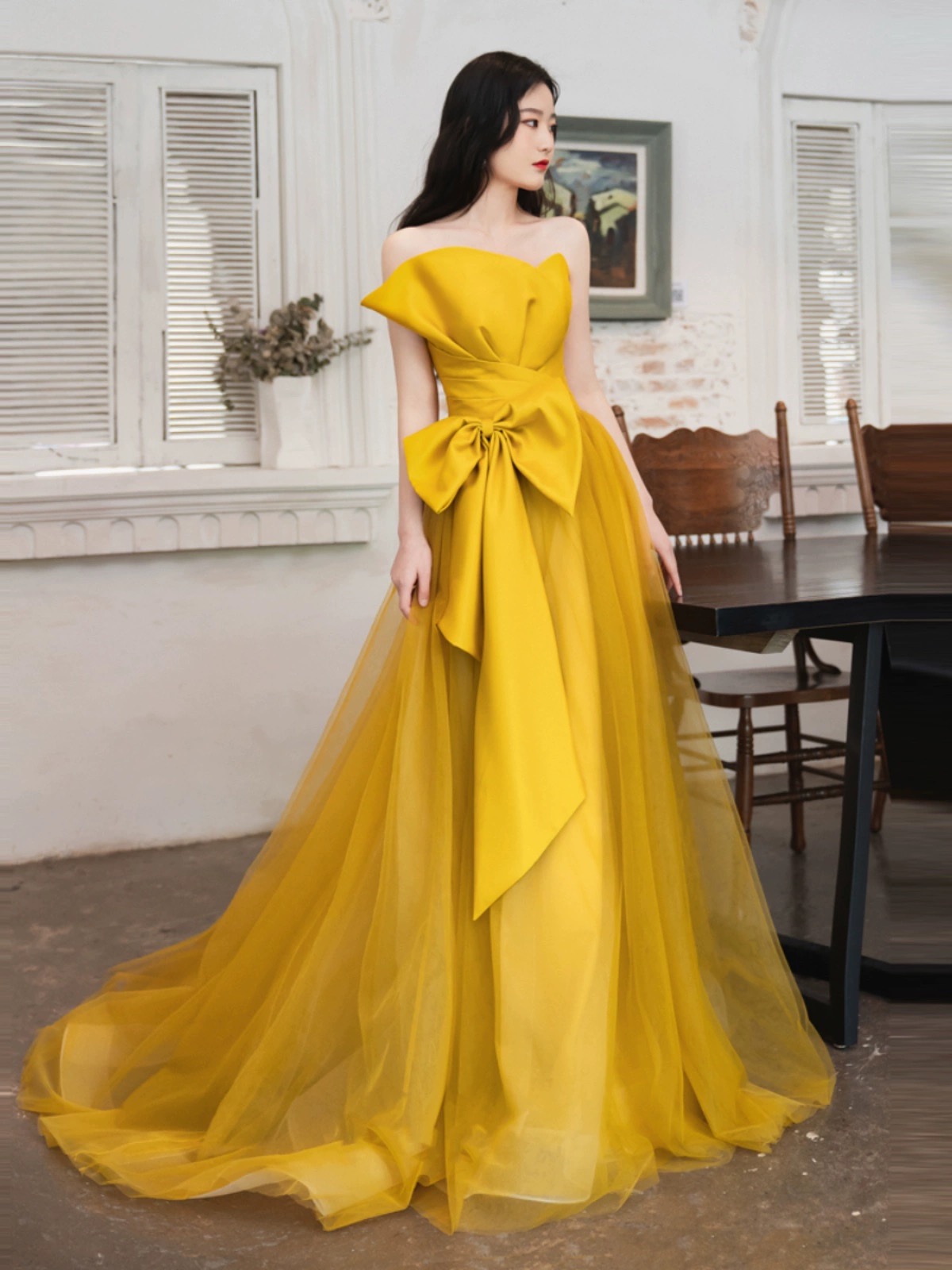 Unique Strapless Yellow Prom Dress, Bright Evening Dress, Chic Party ...