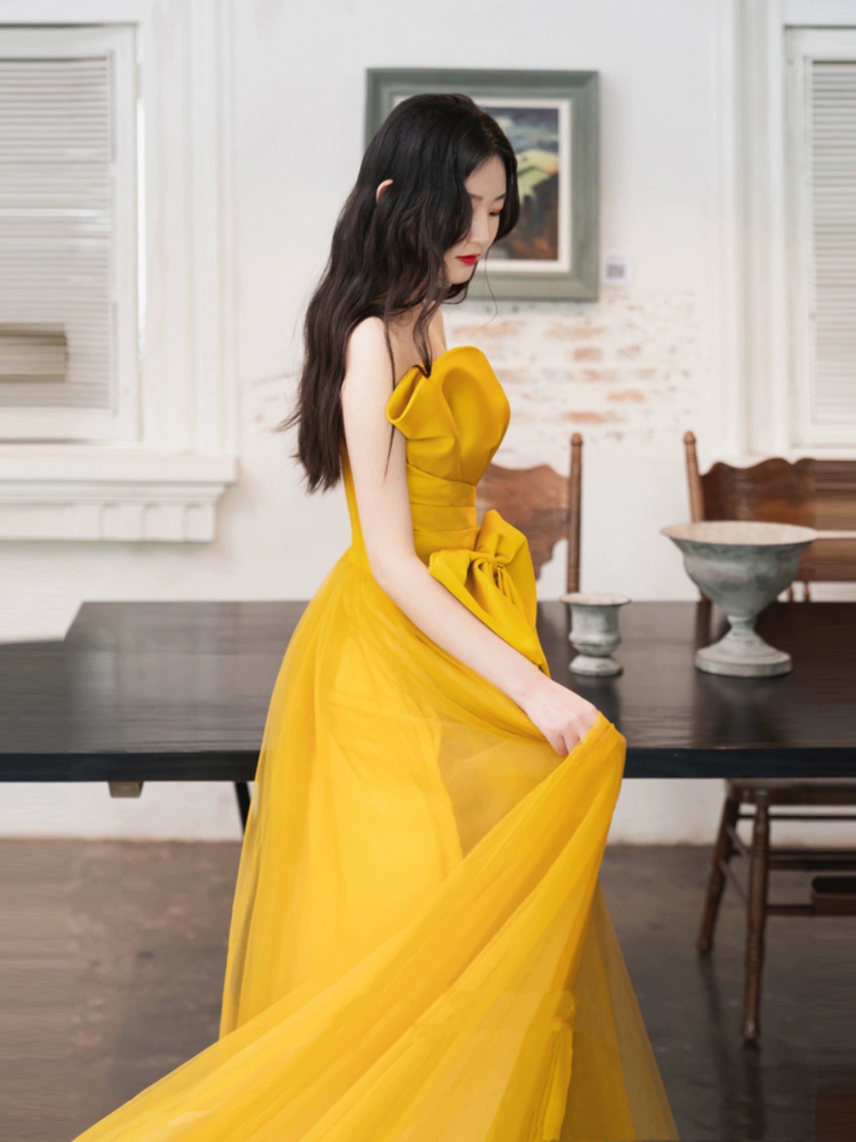 Unique Strapless Yellow Prom Dress, Bright Evening Dress, Chic Party ...