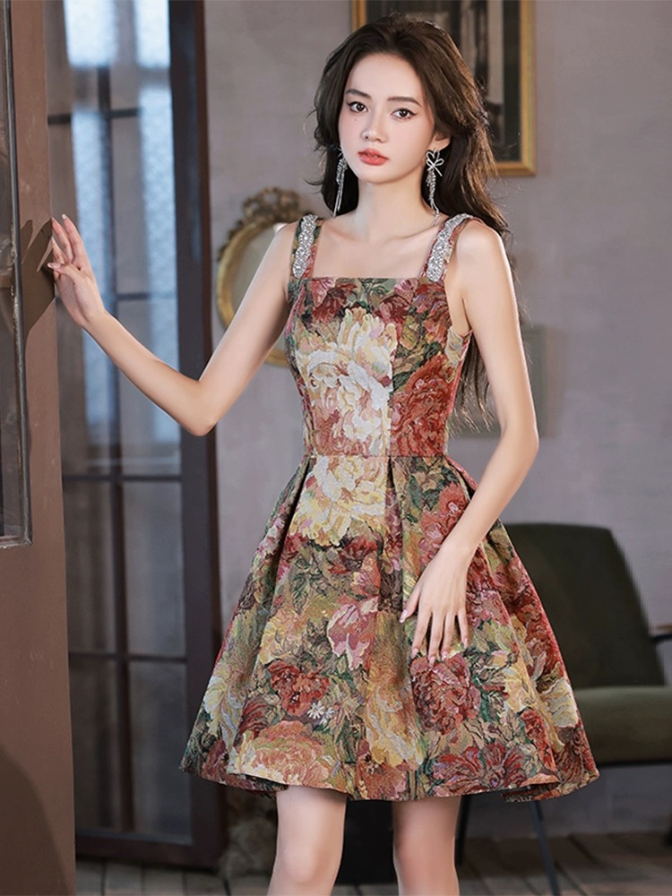 Vintage Party Dress,spaghettis Trap Homecoming Dress, Red Jacquard ...