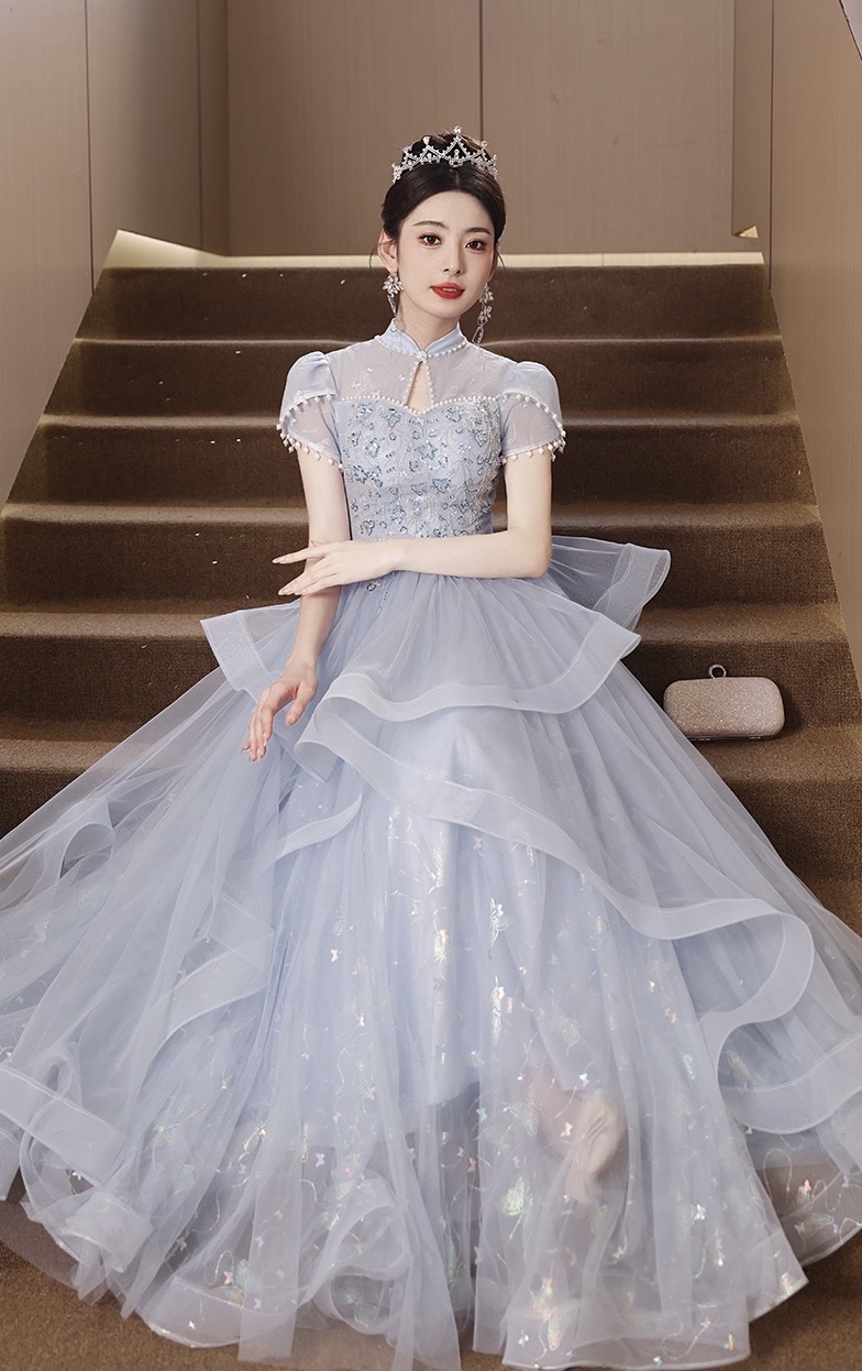 Blue Applique Prom Dress Full Length Evening Dress Formal Dress High ...