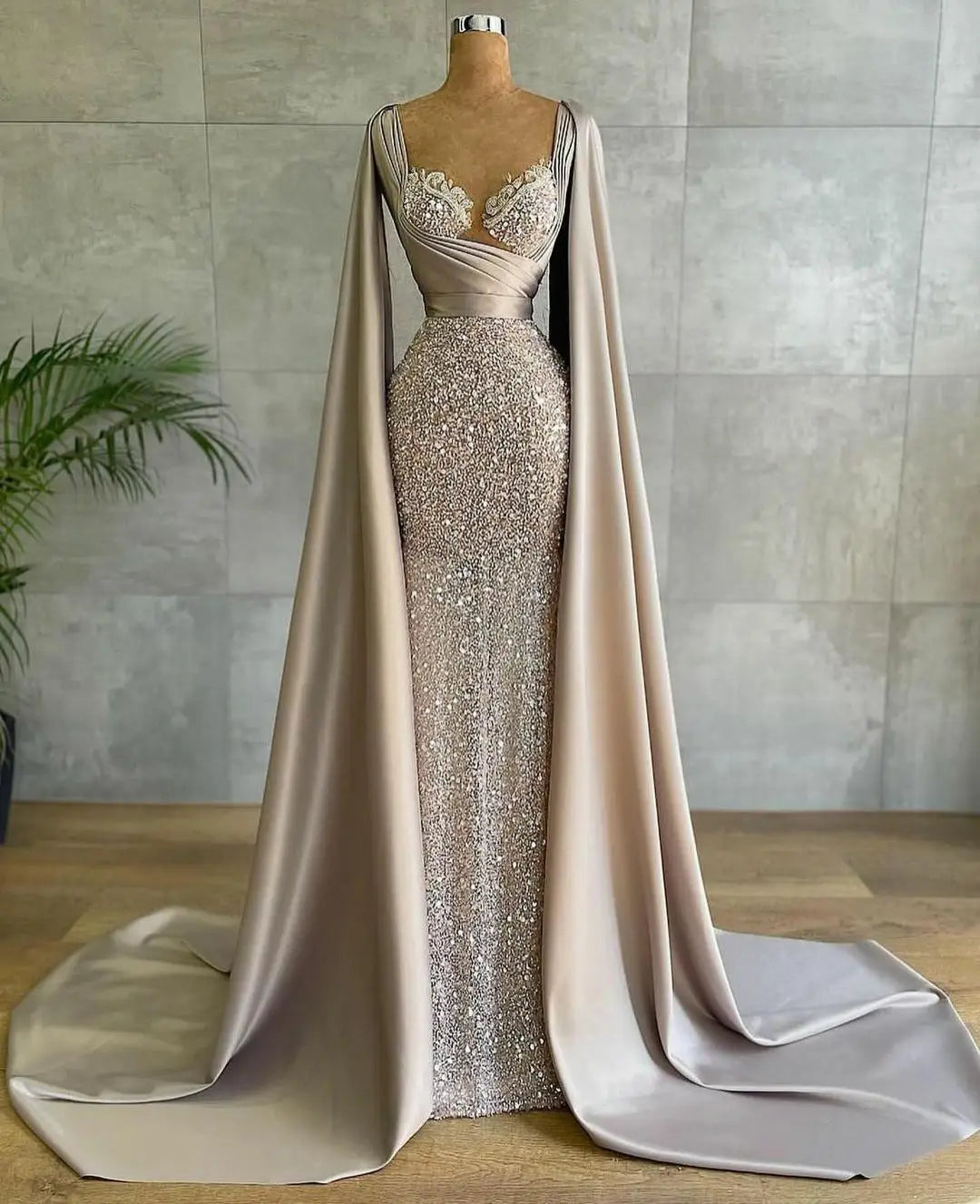 Elegant Sequin Embellished Evening Gown With Cape on Luulla