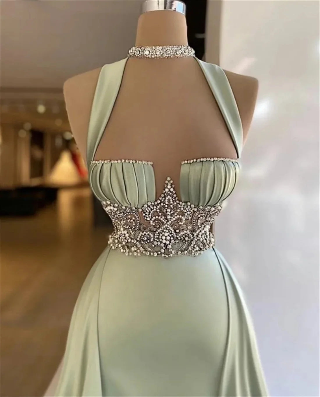 Elegant Mint Green Halter Evening Gown Dress on Luulla