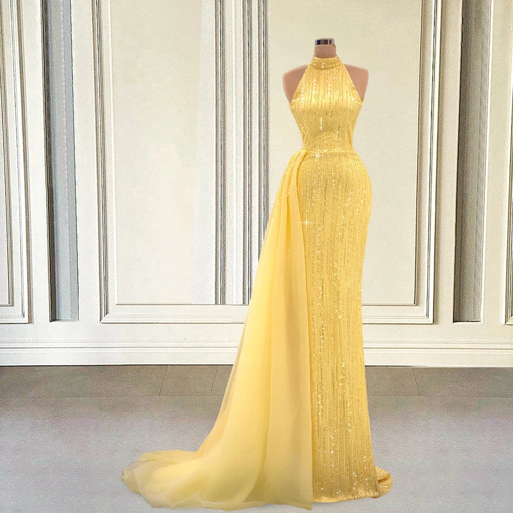 Sparkling Yellow Sequin Gown With Sheer Overlay on Luulla