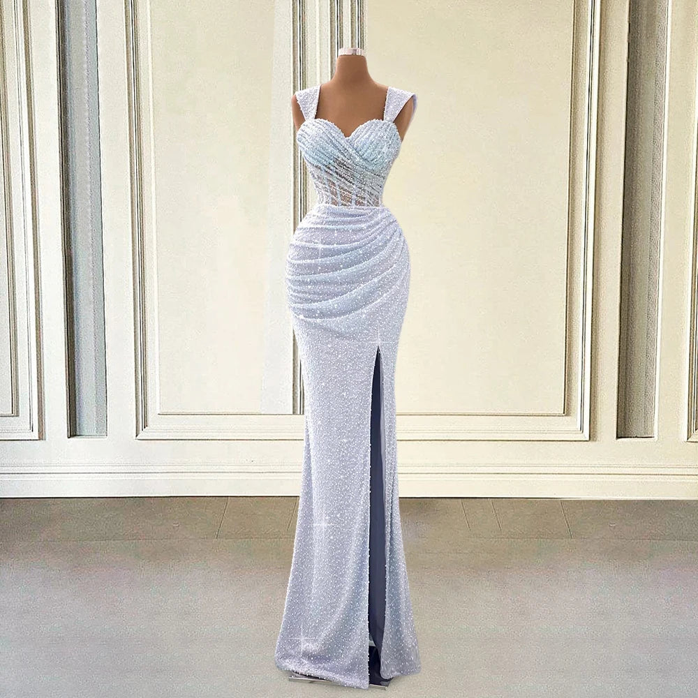 Elegant White Glitter Evening Gown With Slit on Luulla