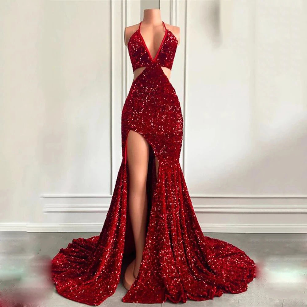 Red Sequin Gown With High Slit Detail on Luulla
