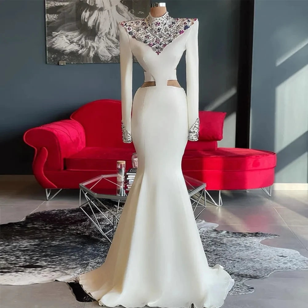 Elegant Embellished White Long Sleeve Evening Gown on Luulla