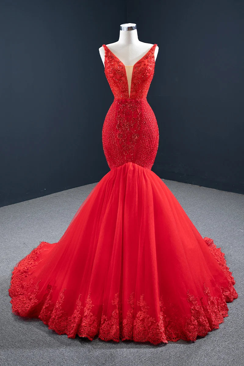 Elegant Red Mermaid Lace Evening Gown Dress on Luulla