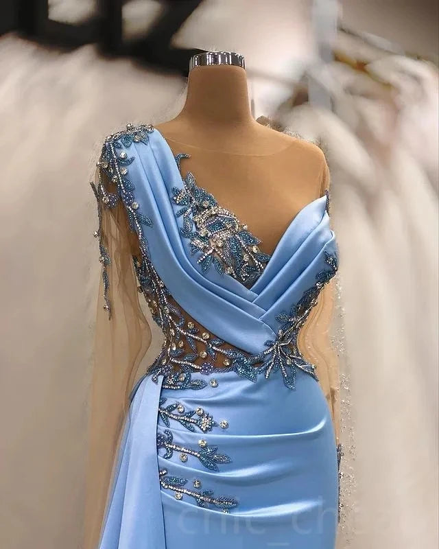 Elegant Light Blue One-shoulder Evening Gown on Luulla