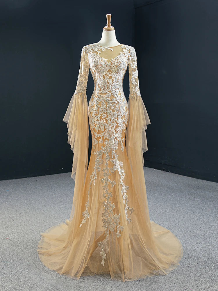 Elegant Gold Lace Long Sleeve Evening Gown on Luulla