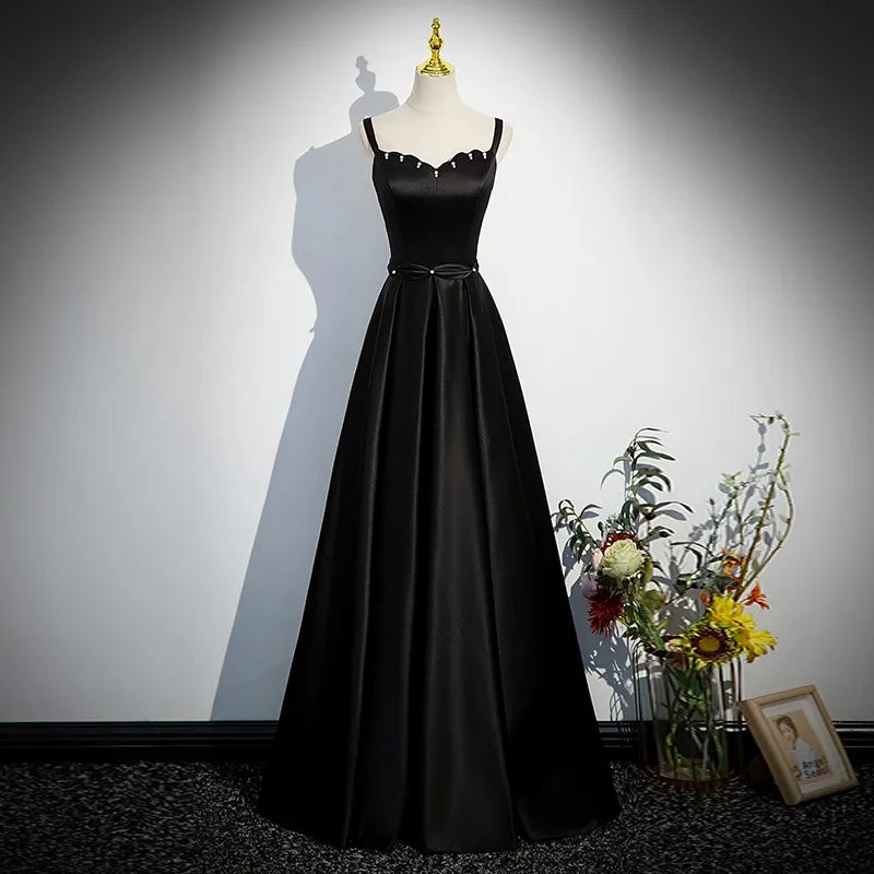 Black Satin Gown With Lace Trim Detailing on Luulla