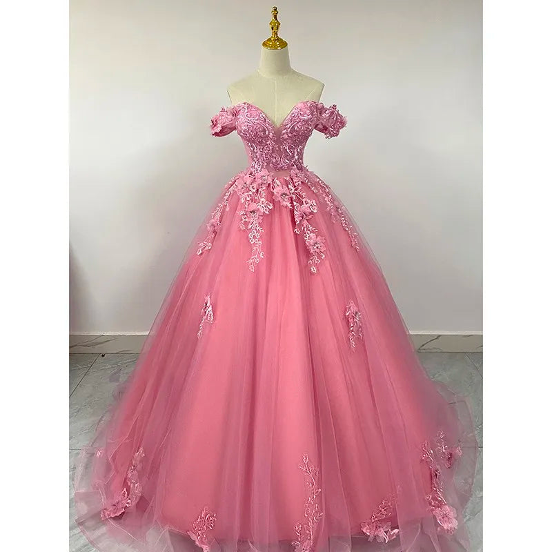 Off-shoulder Pink Gown With Floral on Luulla