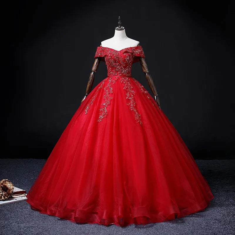 Off-shoulder Red Gown With Lace Detailing on Luulla