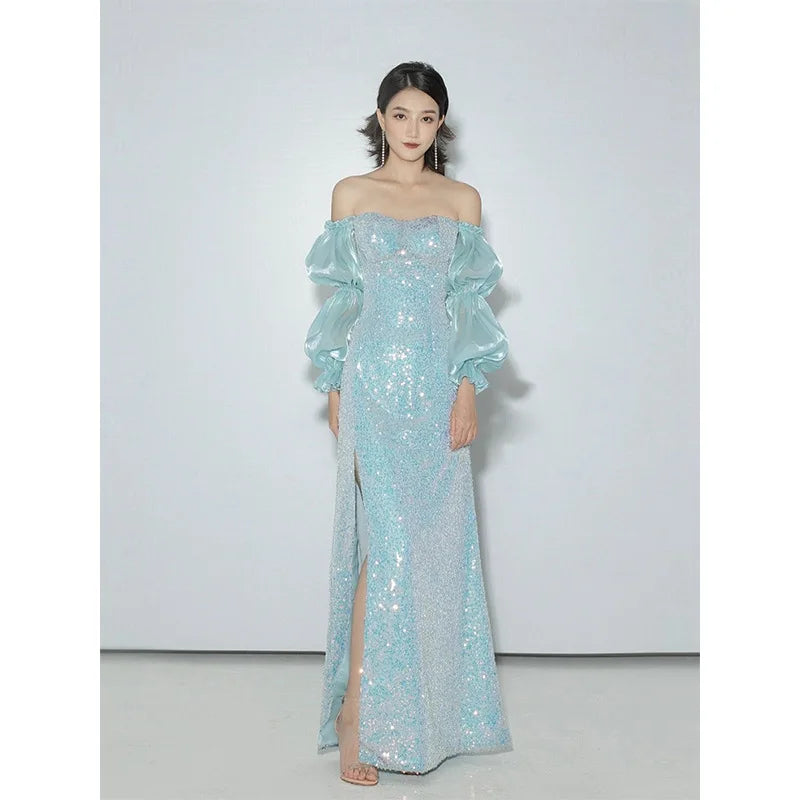 Shimmering Blue Off-shoulder Gown With Slit on Luulla