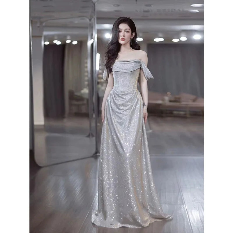 Shimmering Off-shoulder Silver Sequin Evening Gown on Luulla