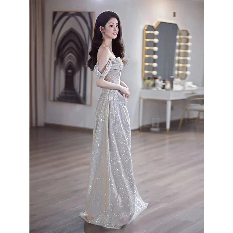 Shimmering Off-shoulder Silver Sequin Evening Gown on Luulla