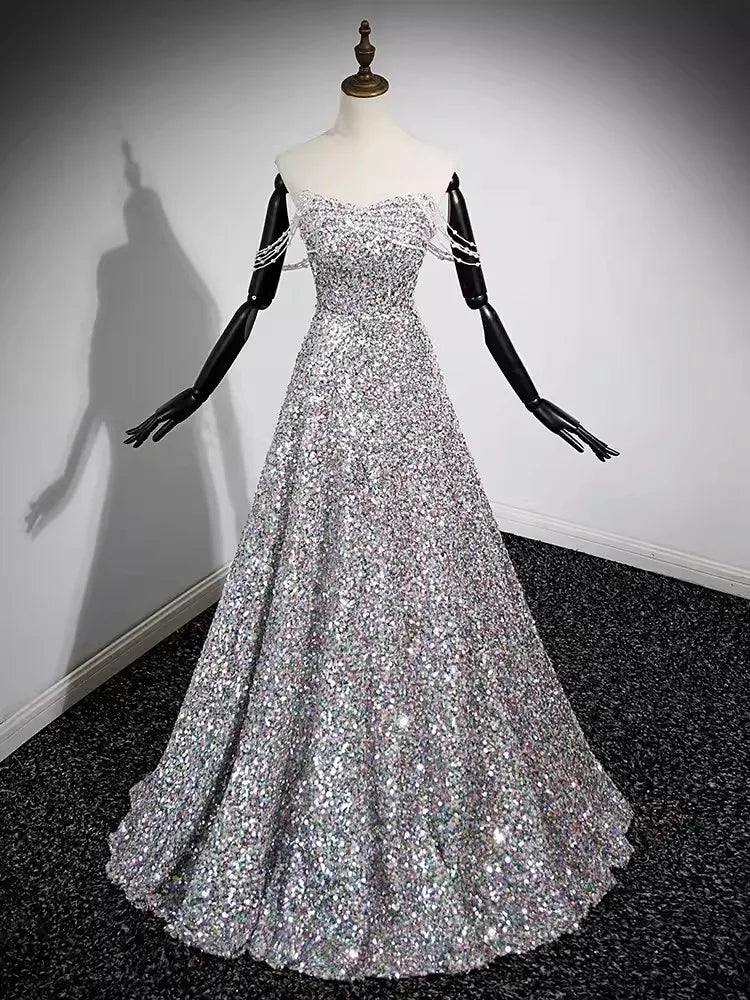 Sparkling Silver Gown With Shoulder Strap Design on Luulla