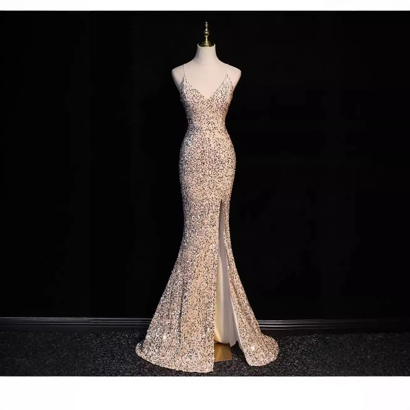 Sequined Spaghetti Strap Gown With Front Slit on Luulla