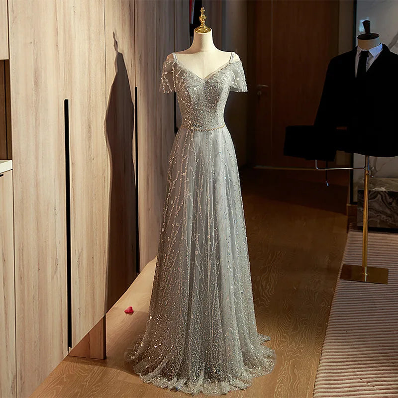 Sparkling Silver Gown With Delicate Lace Detailing on Luulla