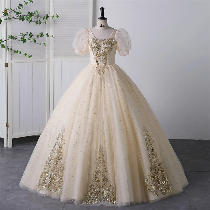 Exquisite Gold Embroidered Ball Gown With Sleeves on Luulla