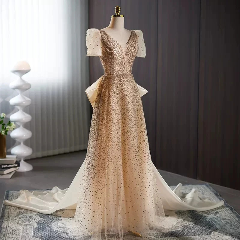 Glittering Gold Evening Gown With Puff Sleeves on Luulla