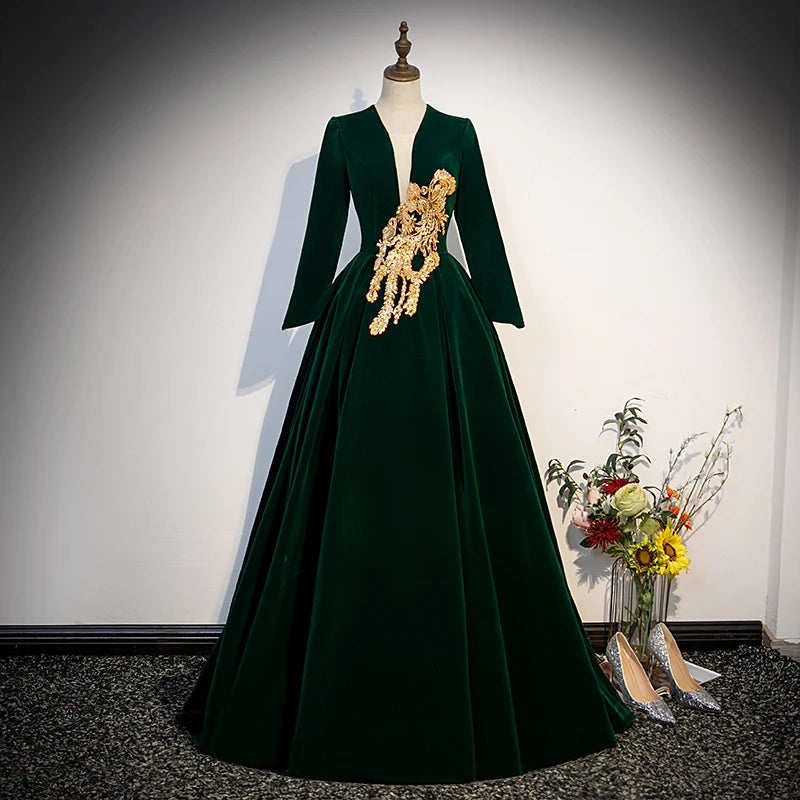 100%real Luxury Dark Green Velvet Carnival Gown Long Dress Stage ...